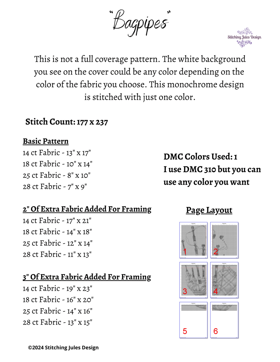 Bagpipes Scottish Counted Cross-Stitch Pattern | Monochrome Blackwork ...