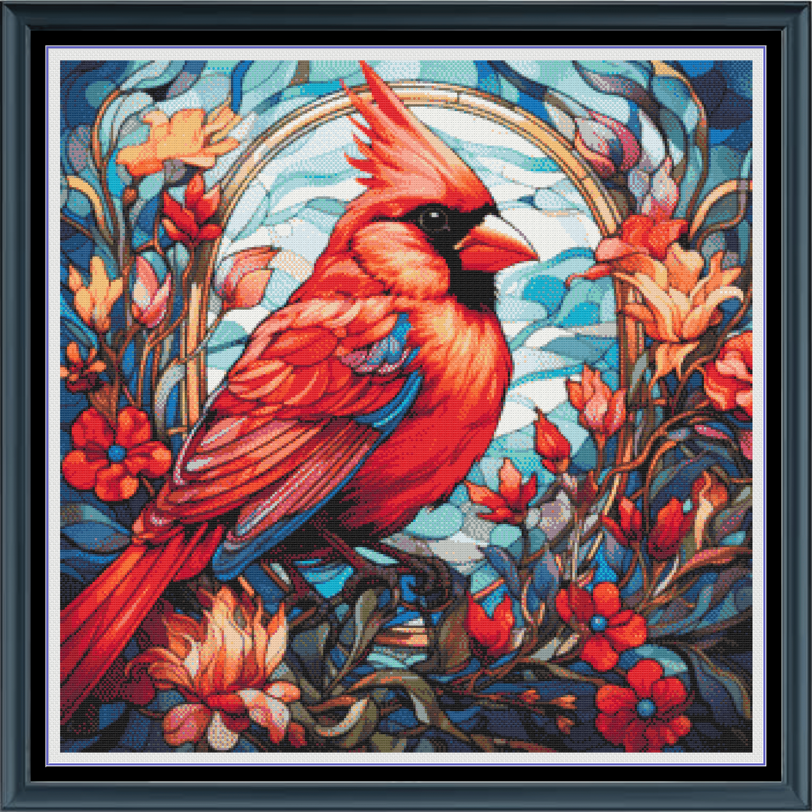 Cardinal Bird Winter Stained Glass Large Full Coverage Counted Cross-S ...