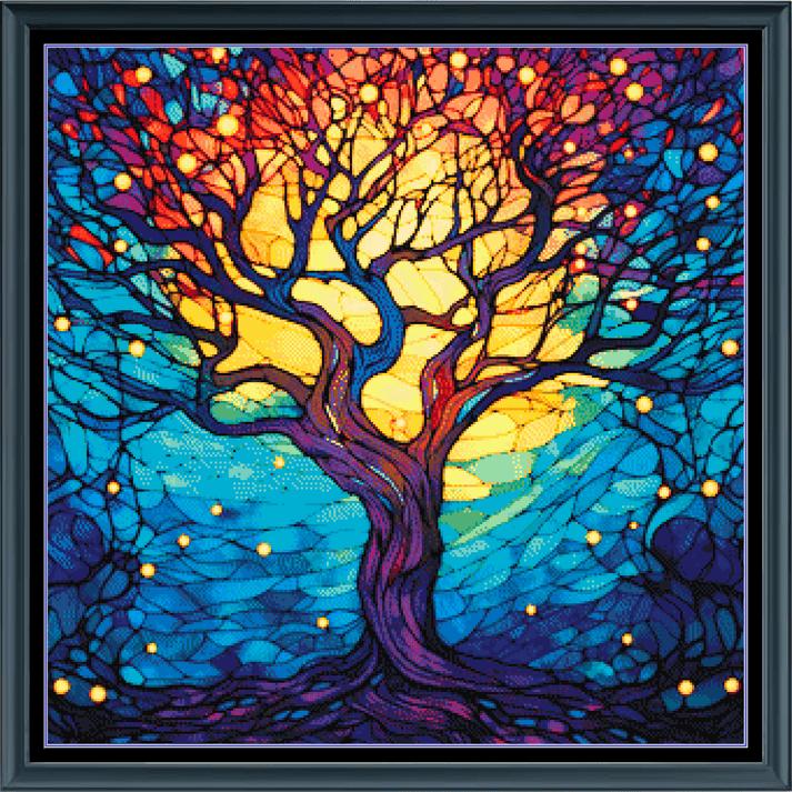 Celestial Tree Stained Glass Full Coverage Counted Cross Stitch Digita ...