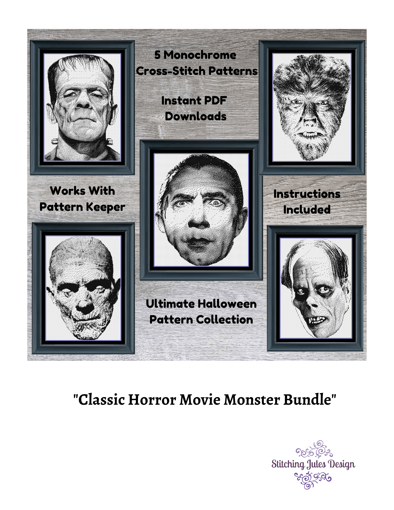 Classic Horror Movie Monsters Cross-Stitch Bundle | Monochrome Blackwo ...