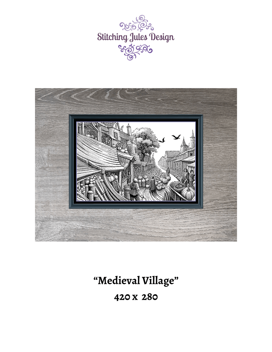 Medieval Village Middle Ages Monochrome Counted Cross-Stitch Pattern D ...